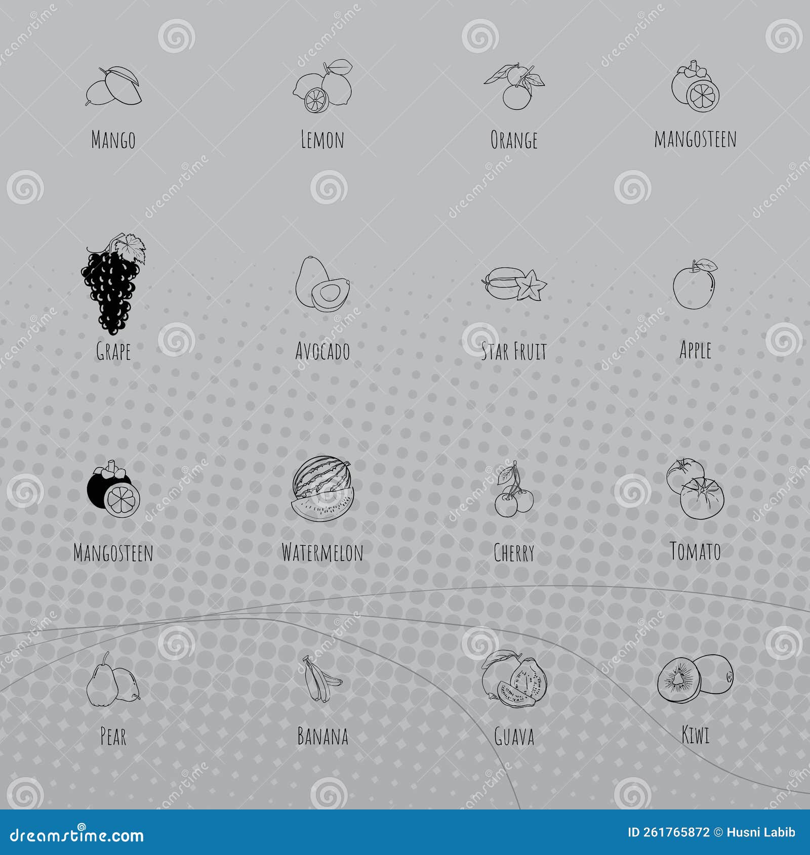 Fruits Print Pattern Background with a Name on Each Fruit in Line Art ...