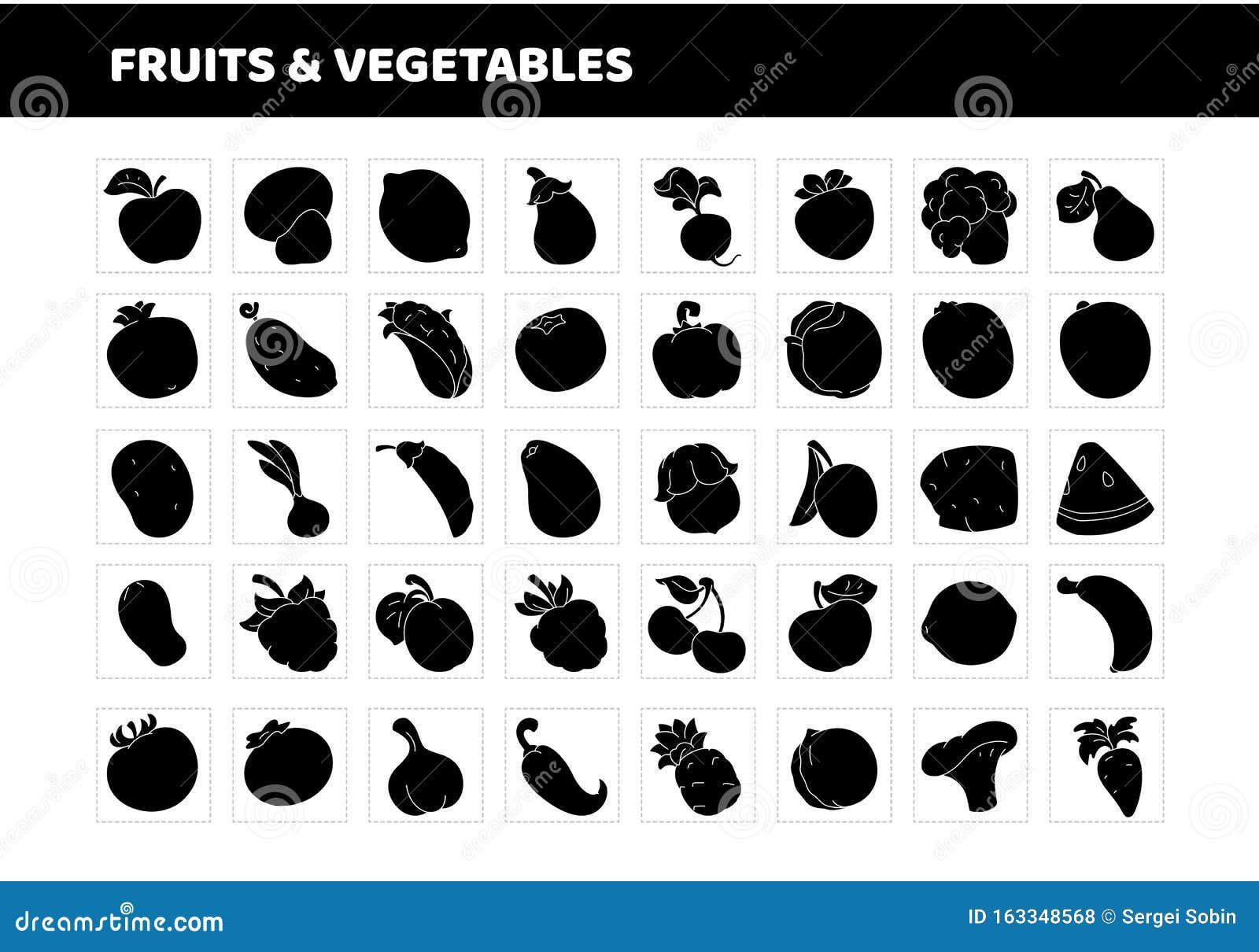 Fruits And Vegetables Flat Icon Set. Solid Black Silhouette. Stock ...
