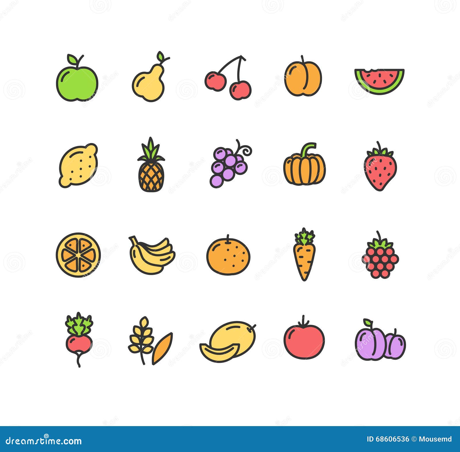Fruits and Vegetables Icon Set. Vector Stock Vector - Illustration of ...