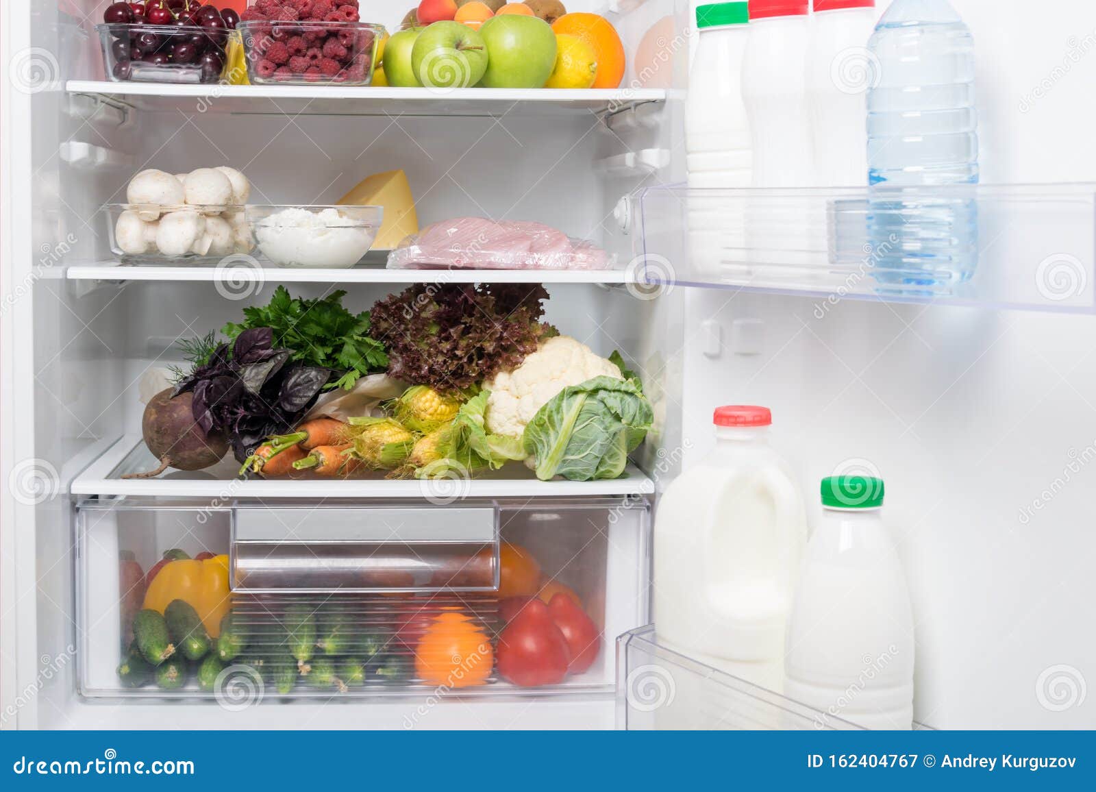 Fruits, Vegetables and Meat Inside the Refrigerator, Background, Close ...