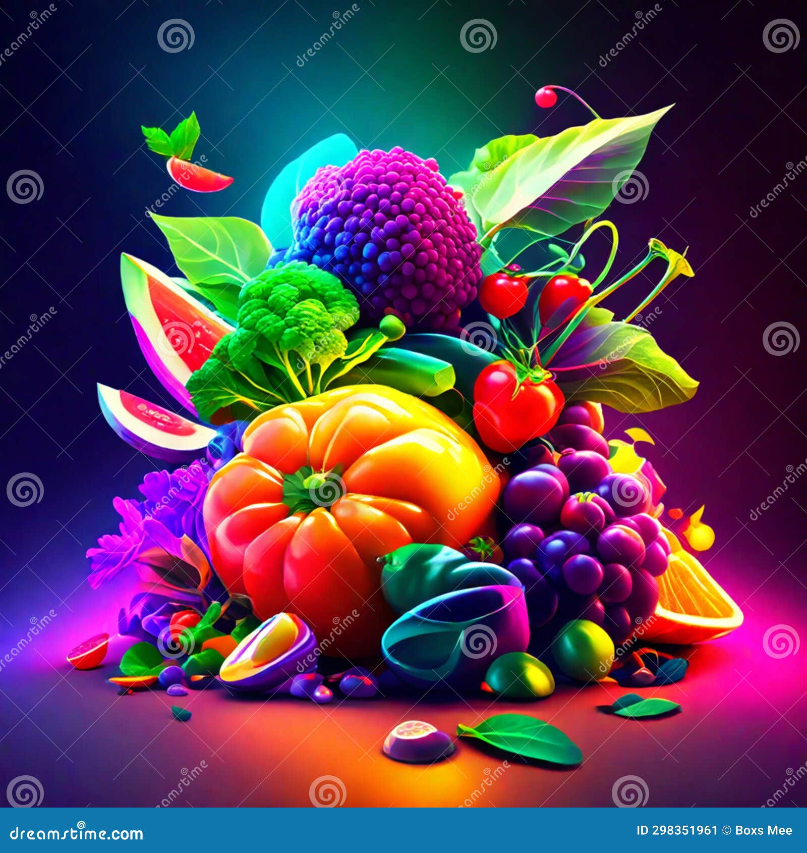 Fruits and Vegetables in Neon Light. 3d Rendering. Computer Digital ...