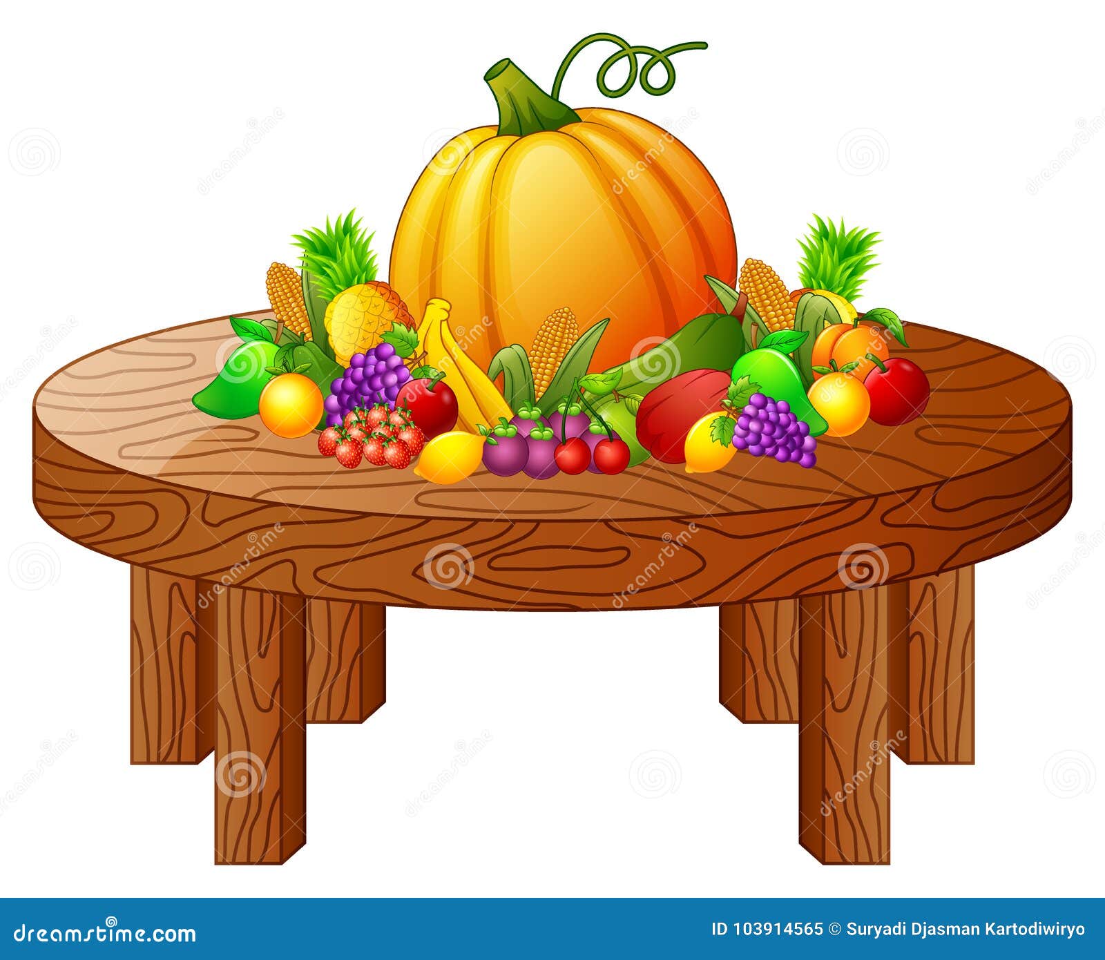 Fruits and Vegetables on Round Wooden Table Stock Vector - Illustration ...