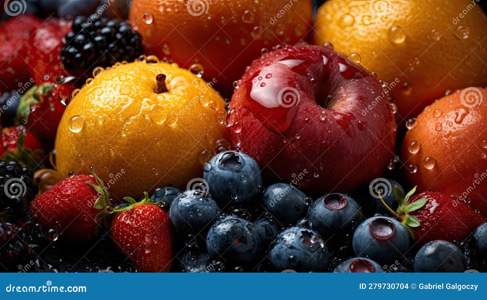 Fruits with Water Drops on a Black Background, Closeup Stock ...