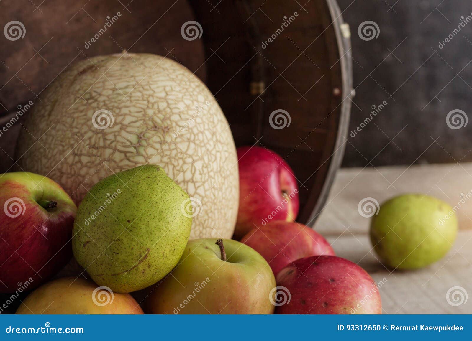 Fruits on wood floor. stock photo. Image of cantaloupe - 93312650