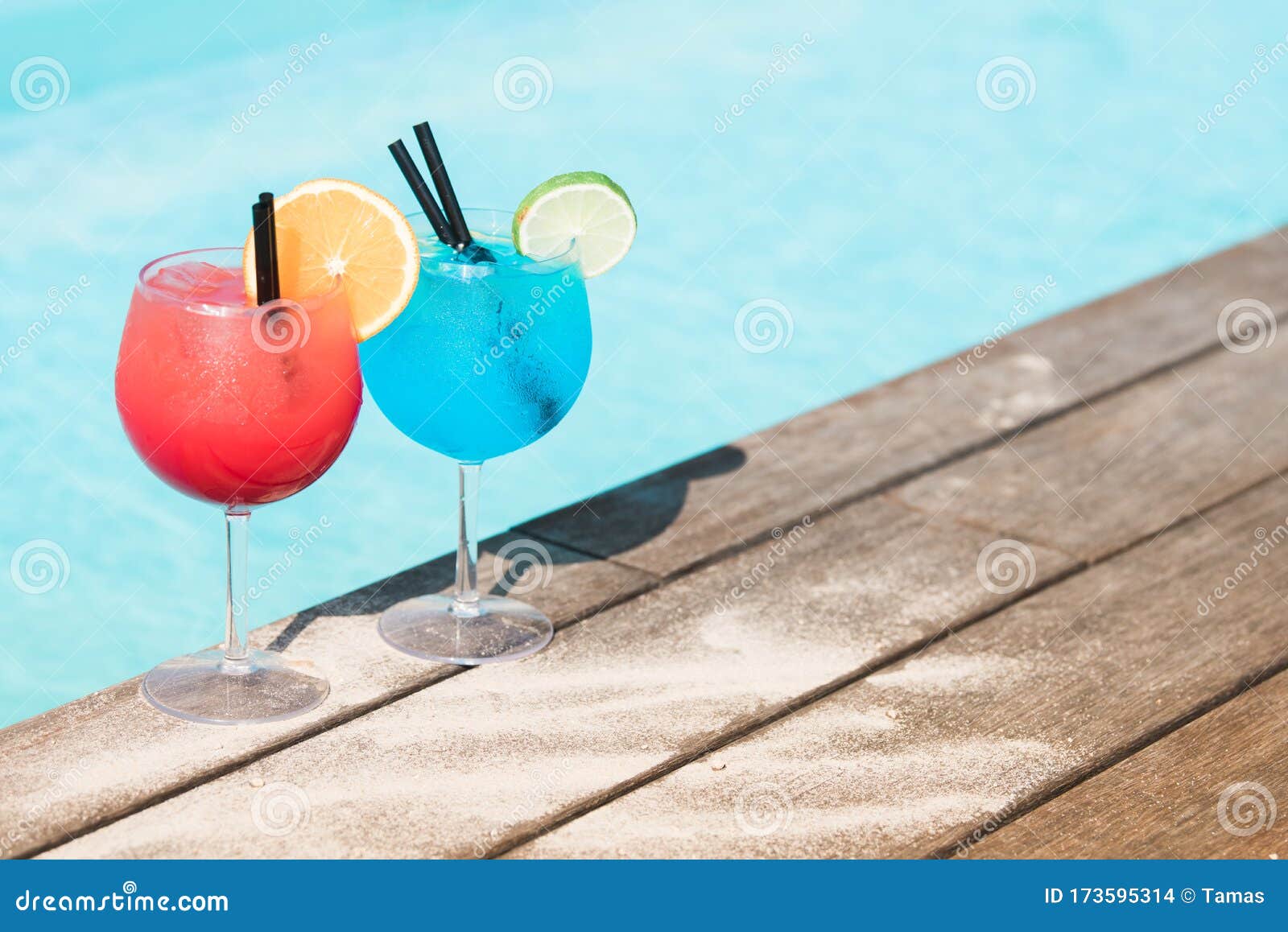 Summer Drinks by the Poolside Stock Photo - Image of wood, deck: 173595314