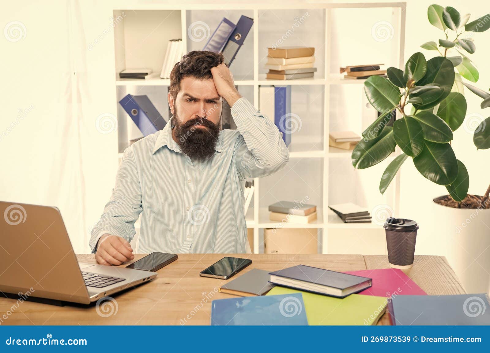 Frustated Professional Guy Clutching Head Working at Office Desk ...
