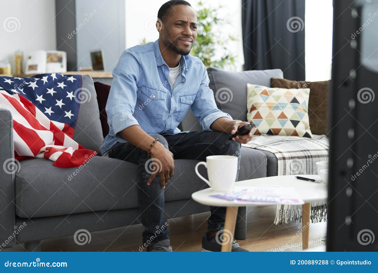 Frustrated Black Man Watching TV Stock Photo - Image of card, election ...