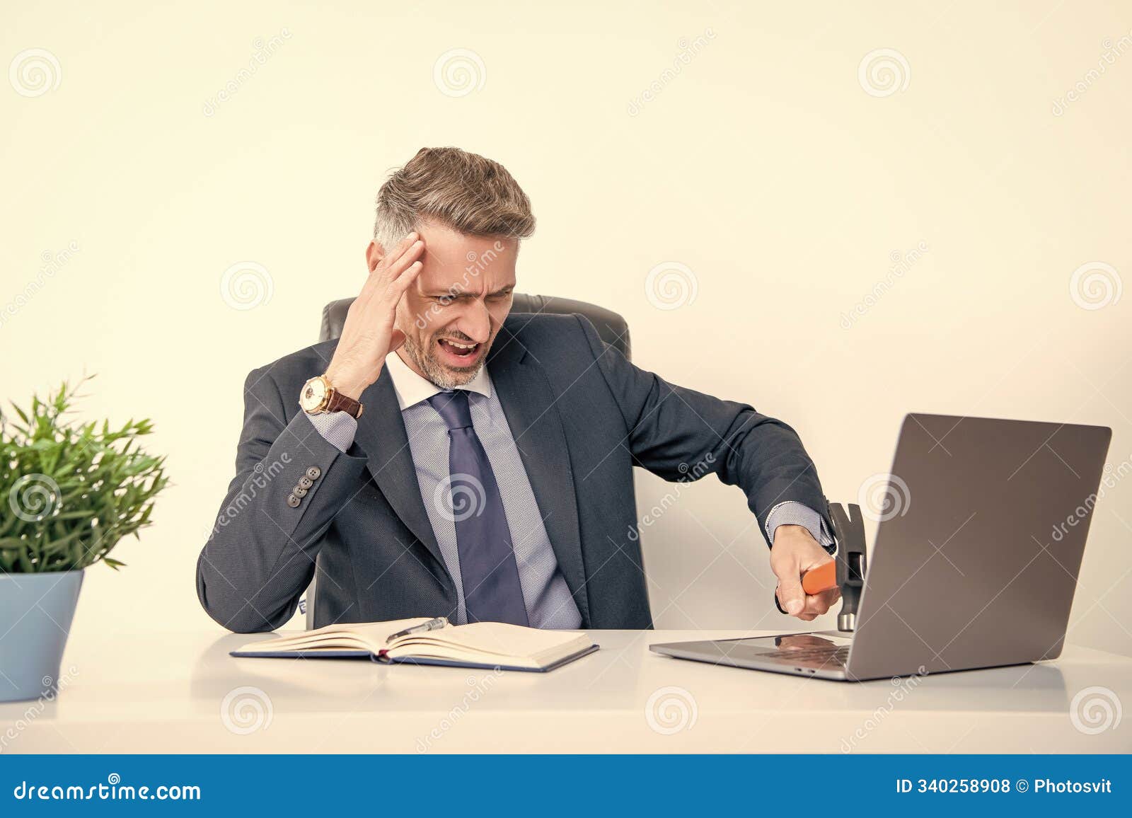 Frustrated Boss Hitting Laptop with Hammer in Office Stock Photo ...