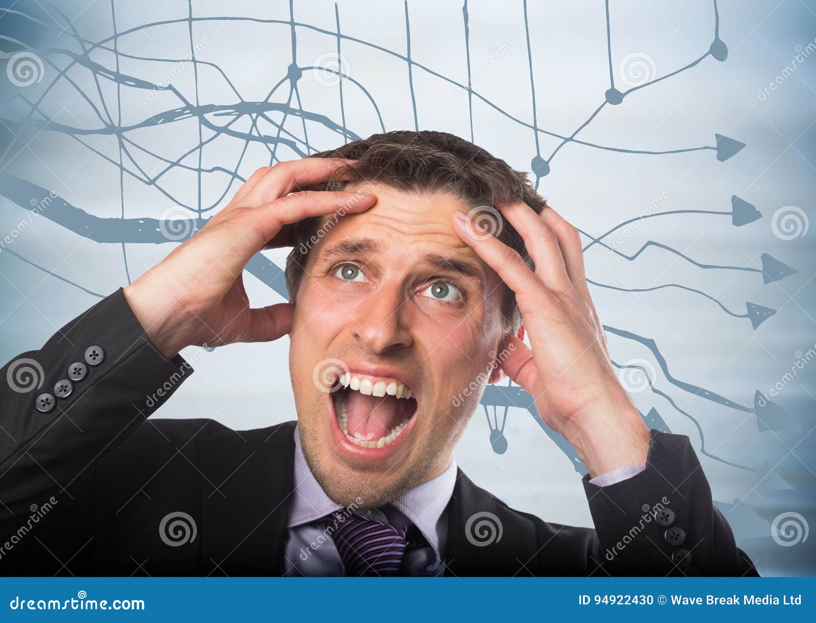 Frustrated Business Man Against Blurry Blue Wood Panel and Graph Stock ...