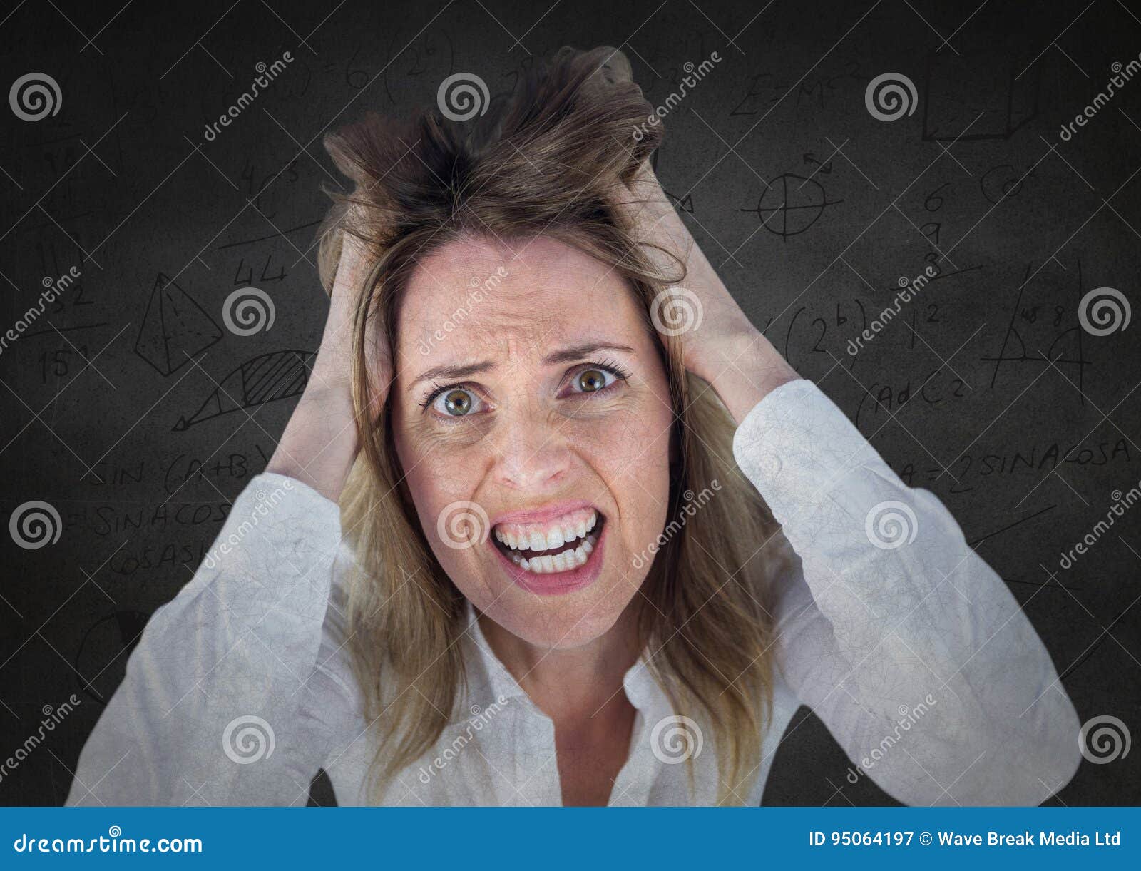 Frustrated Business Woman Against Grey Wall and Math Graphics Stock ...
