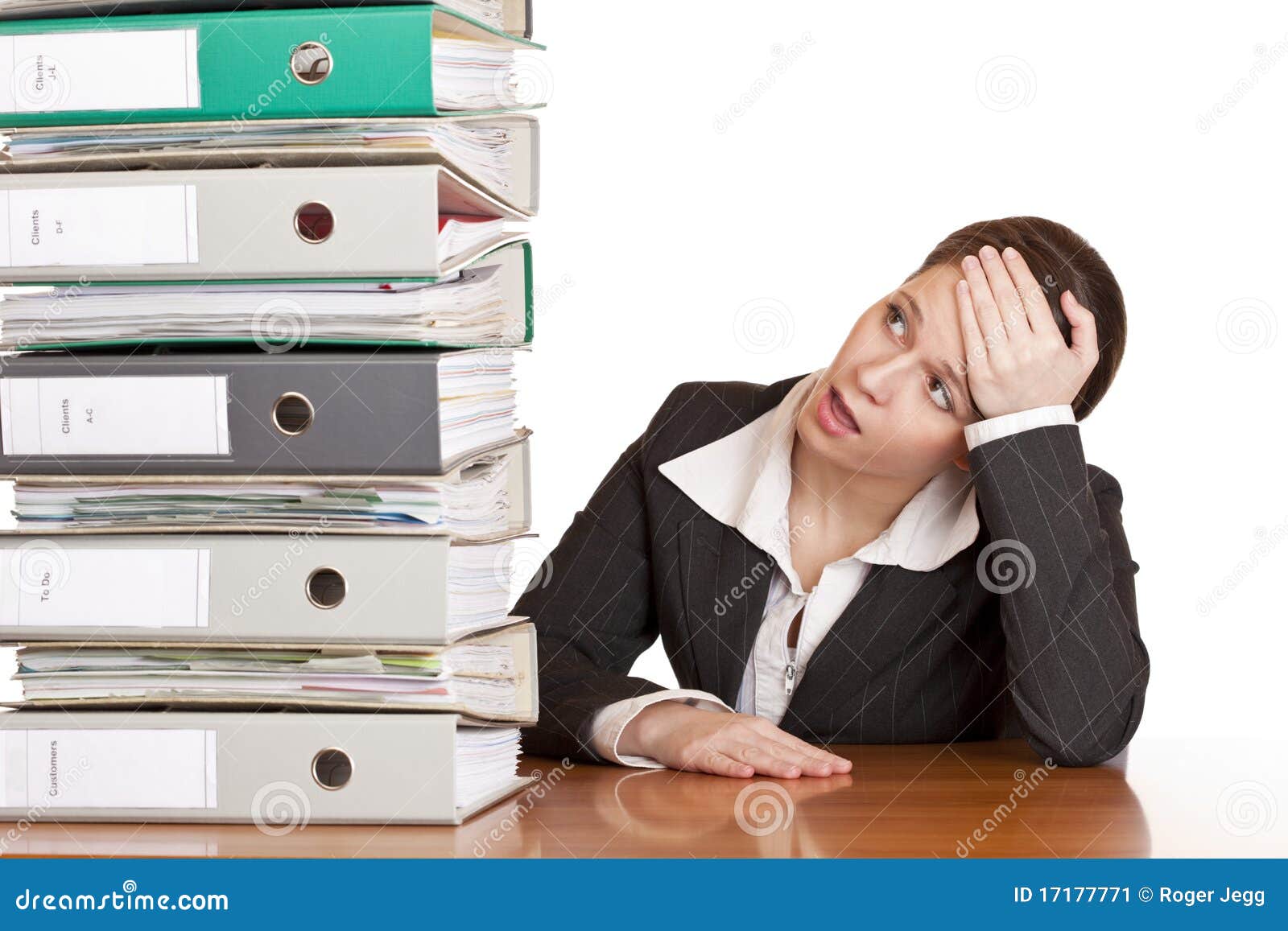 Frustrated Business Woman Looks at Folder Stack Stock Image - Image of ...