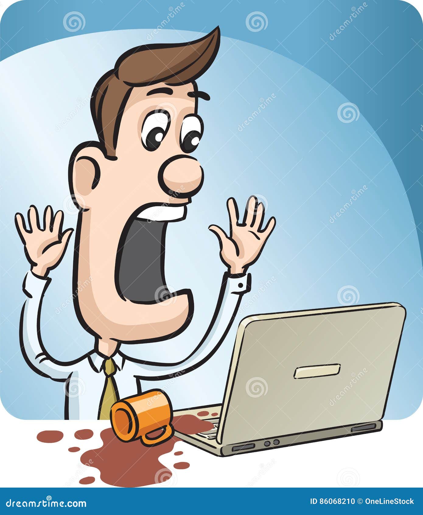 Frustrated Businessman Pouring Cup Of Coffee On Laptop Computer Stock