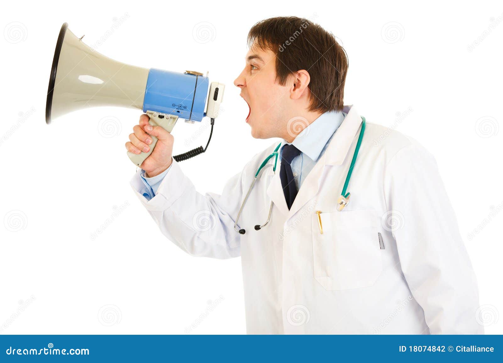 Frustrated Doctor Yelling through Megaphone Stock Photo - Image of ...