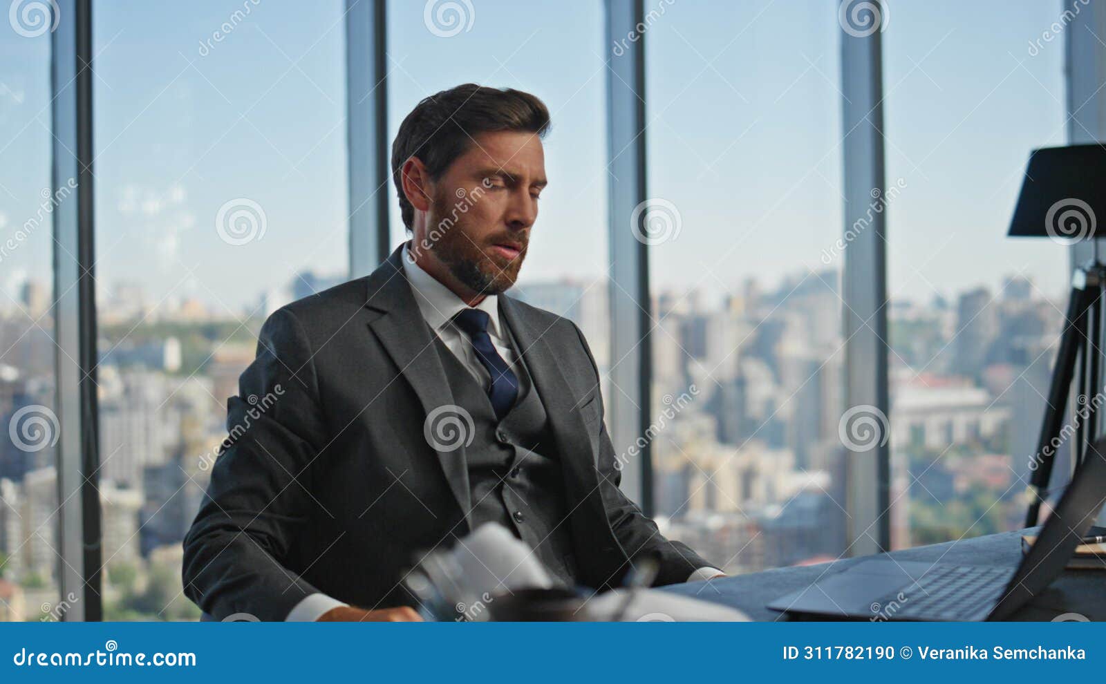 Frustrated Executive Thinking Problem Work in Panoramic Office. Sad ...