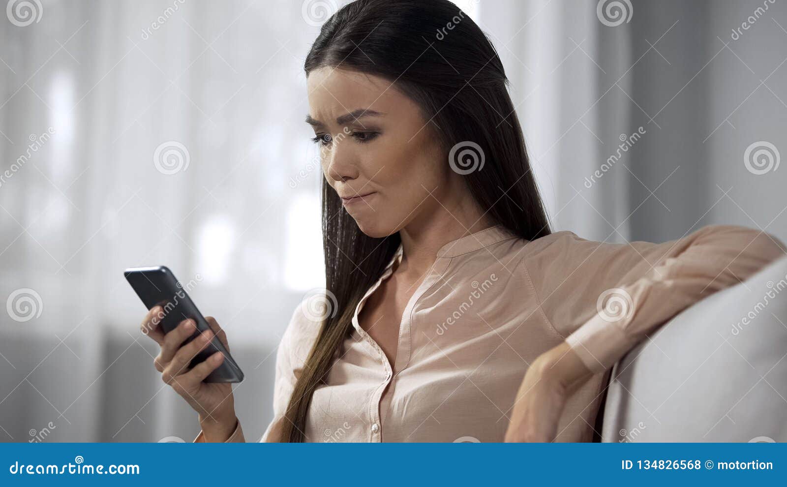 Sad Frustrated Lady Reading Bad News On Mobile Throwing Away Phone ...