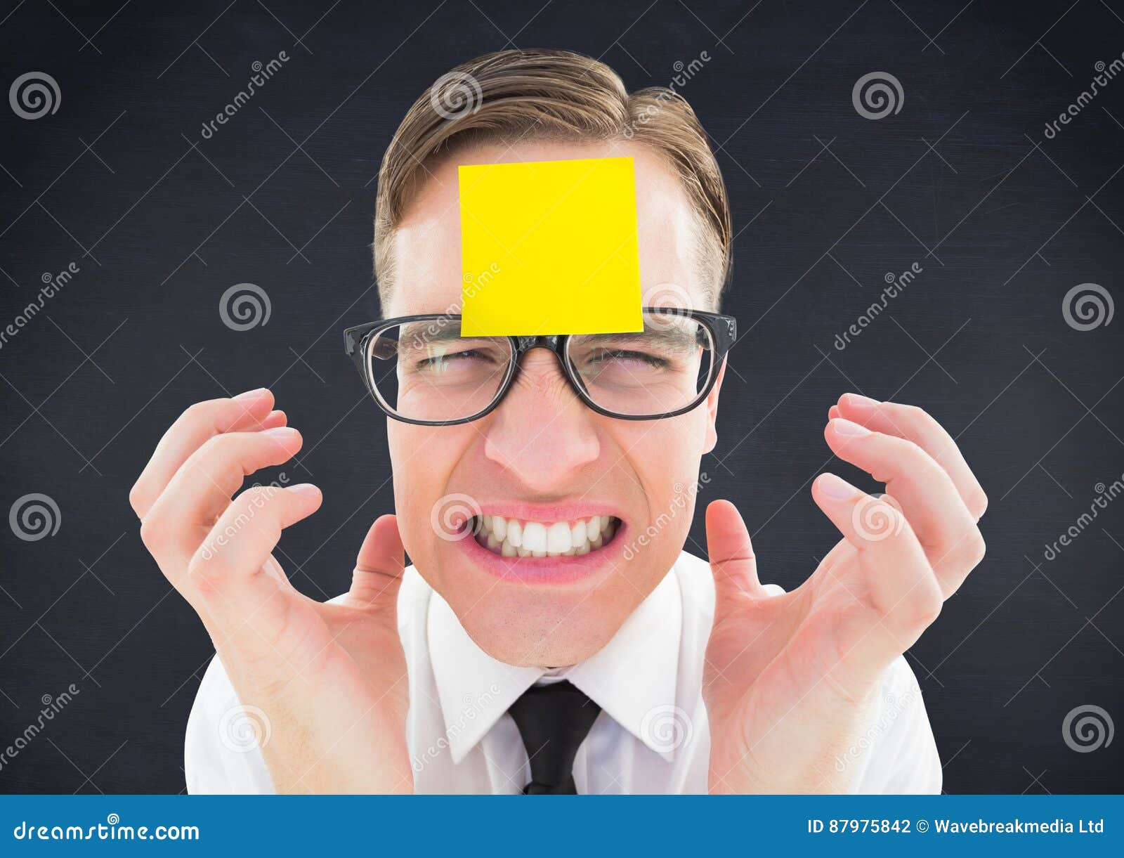 Frustrated Man with Blank Sticky Note on Forehead Stock Photo - Image ...