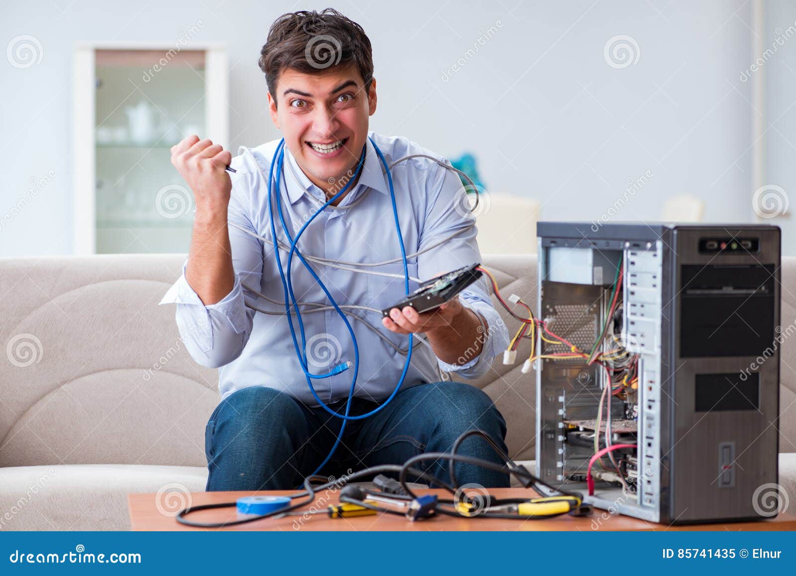 The Frustrated Man with Broken Pc Computer Stock Image - Image of ...