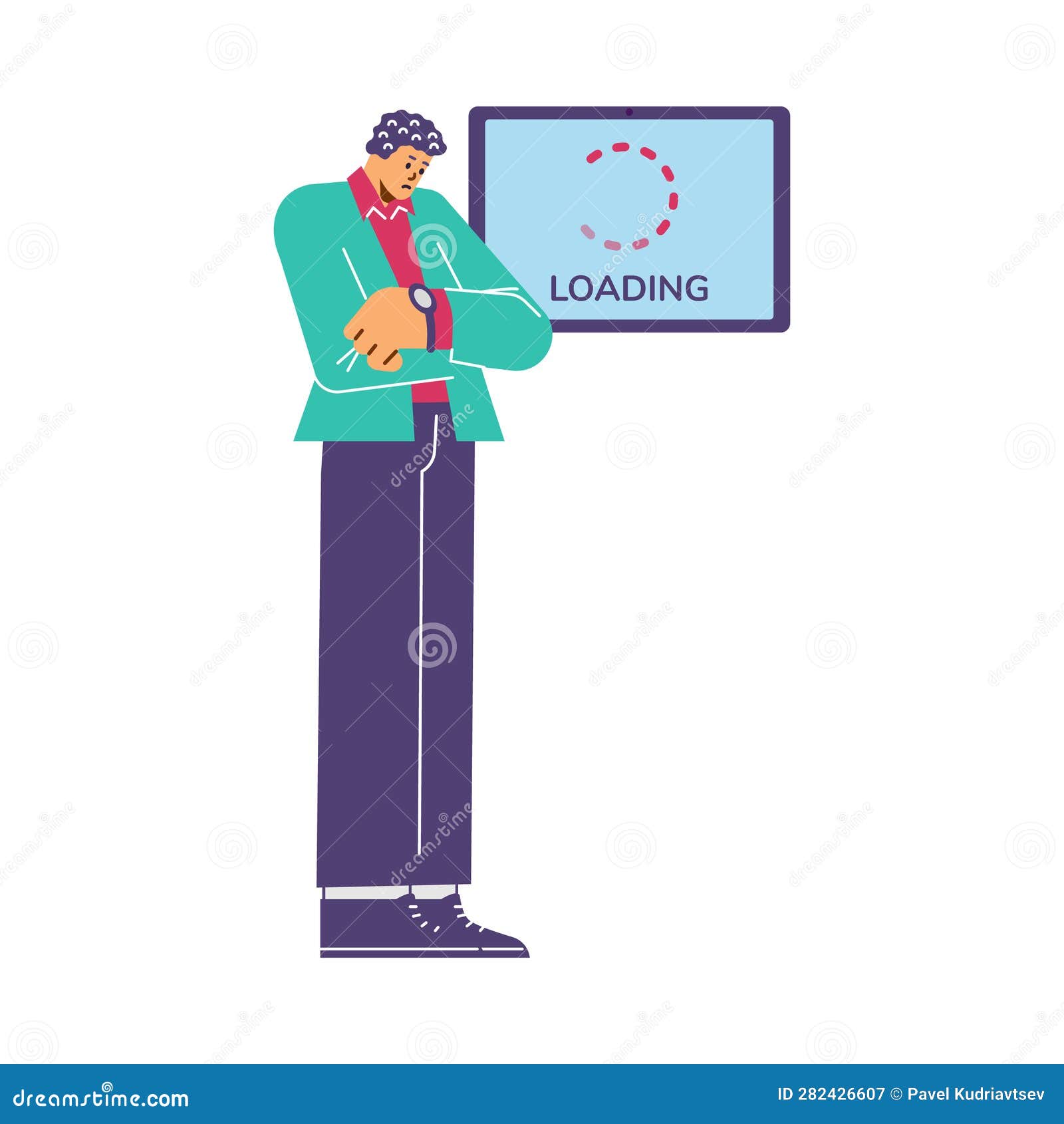 Frustrated Man Waiting for Computer Screen Loading, Flat Vector ...