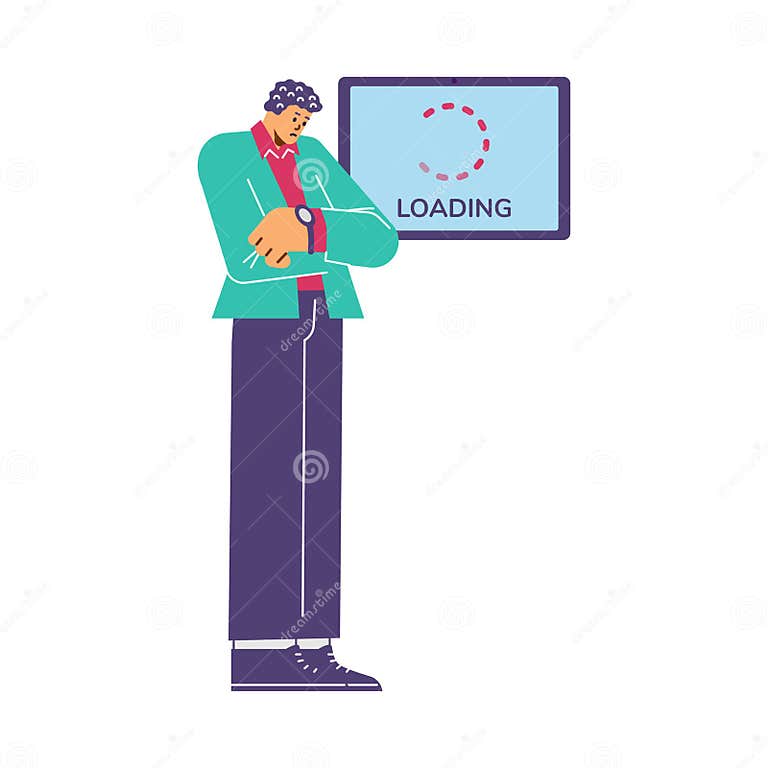 Frustrated Man Waiting for Computer Screen Loading, Flat Vector ...