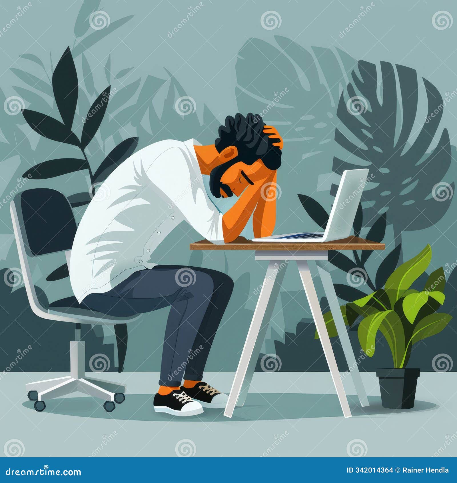Frustrated Man Working at a Desk in a Modern Workspace with Plants ...