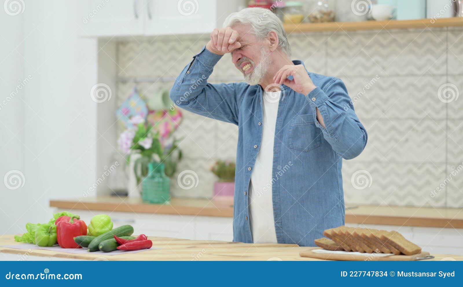 Frustrated Old Man with Headache Standing in Kitchen Stock Photo ...