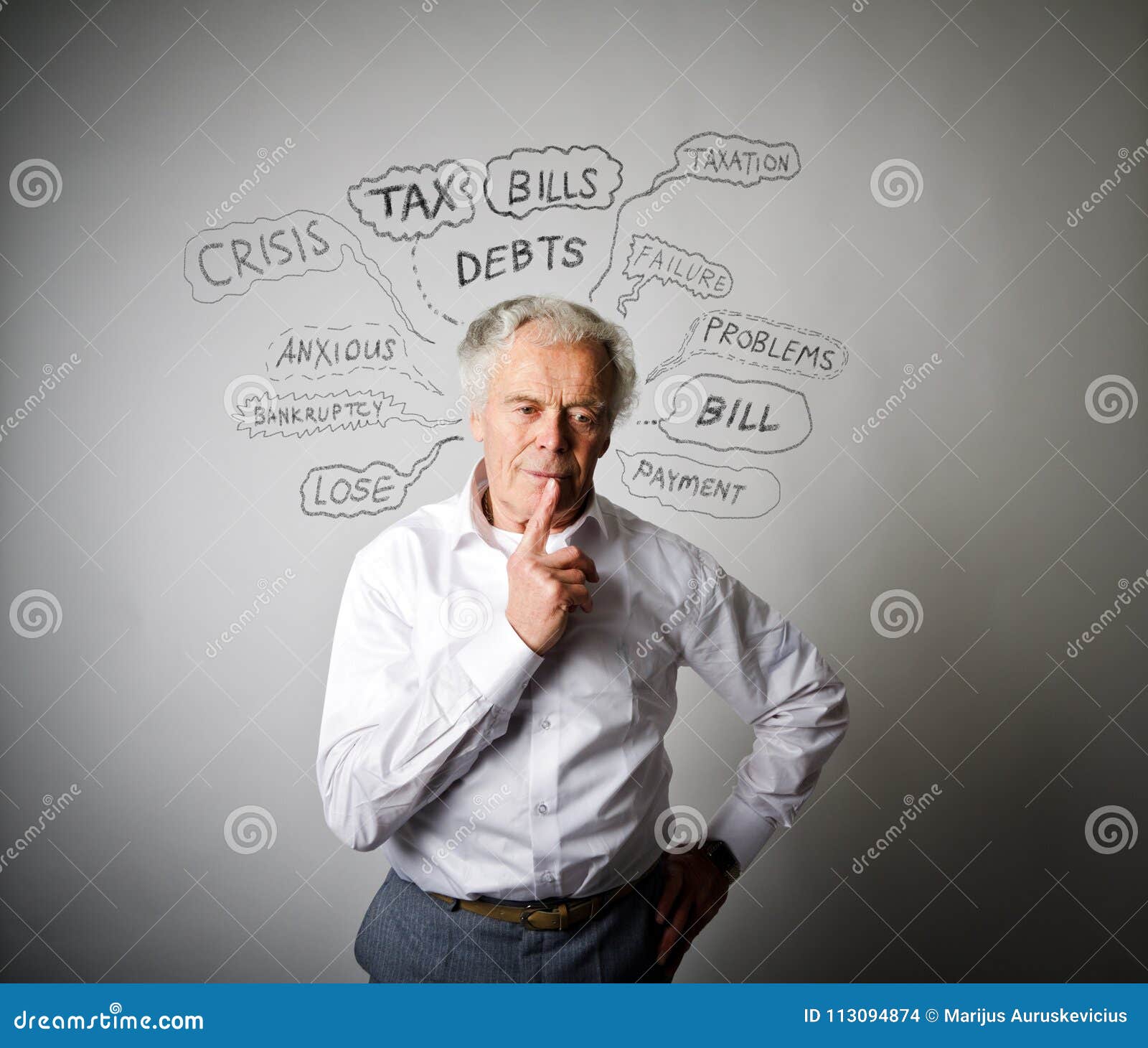 Frustrated Old Man in White. Many Problems. Stock Photo - Image of ...