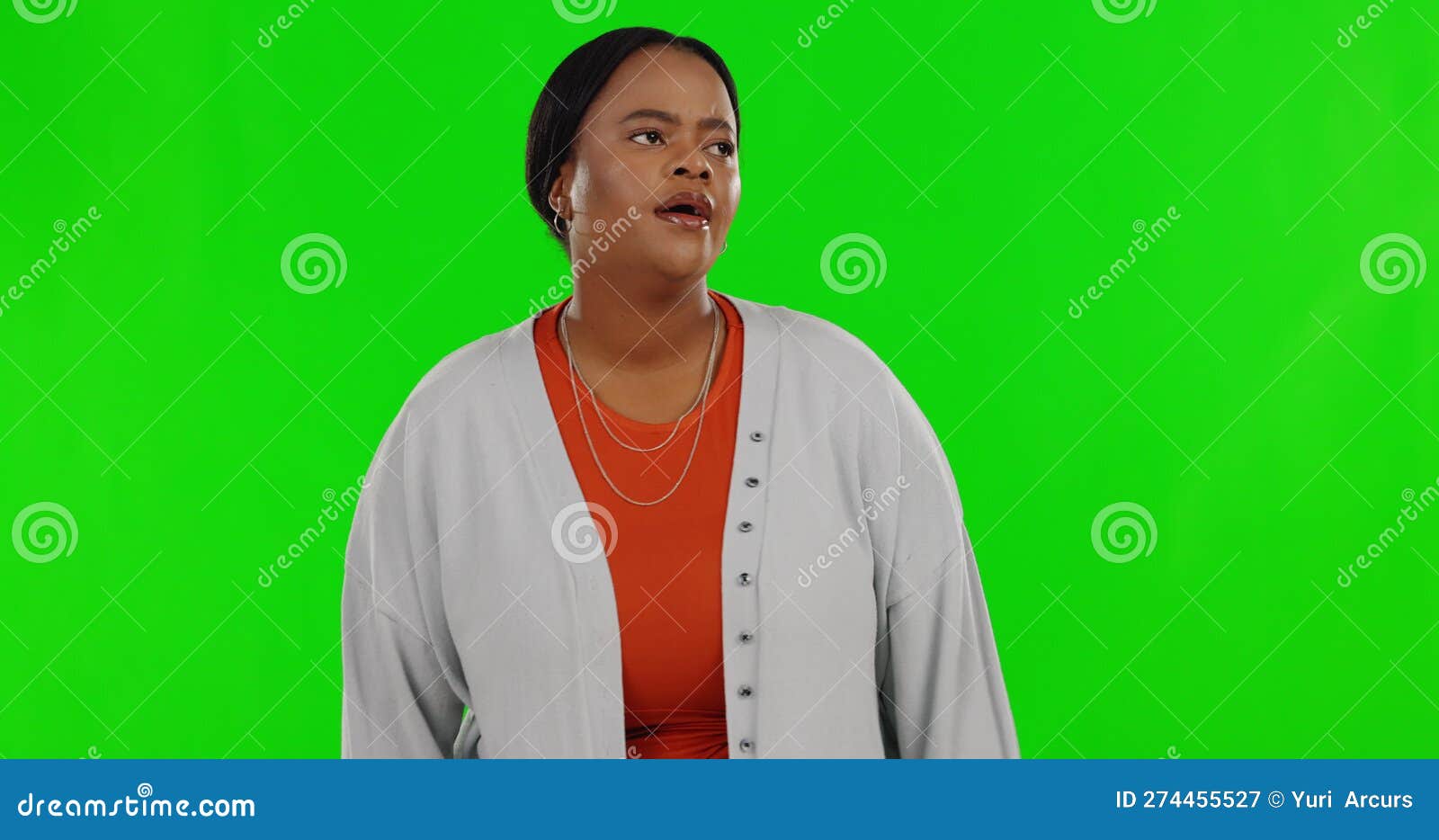 Frustrated, Phone and Woman on Green Screen with Problem for Text ...
