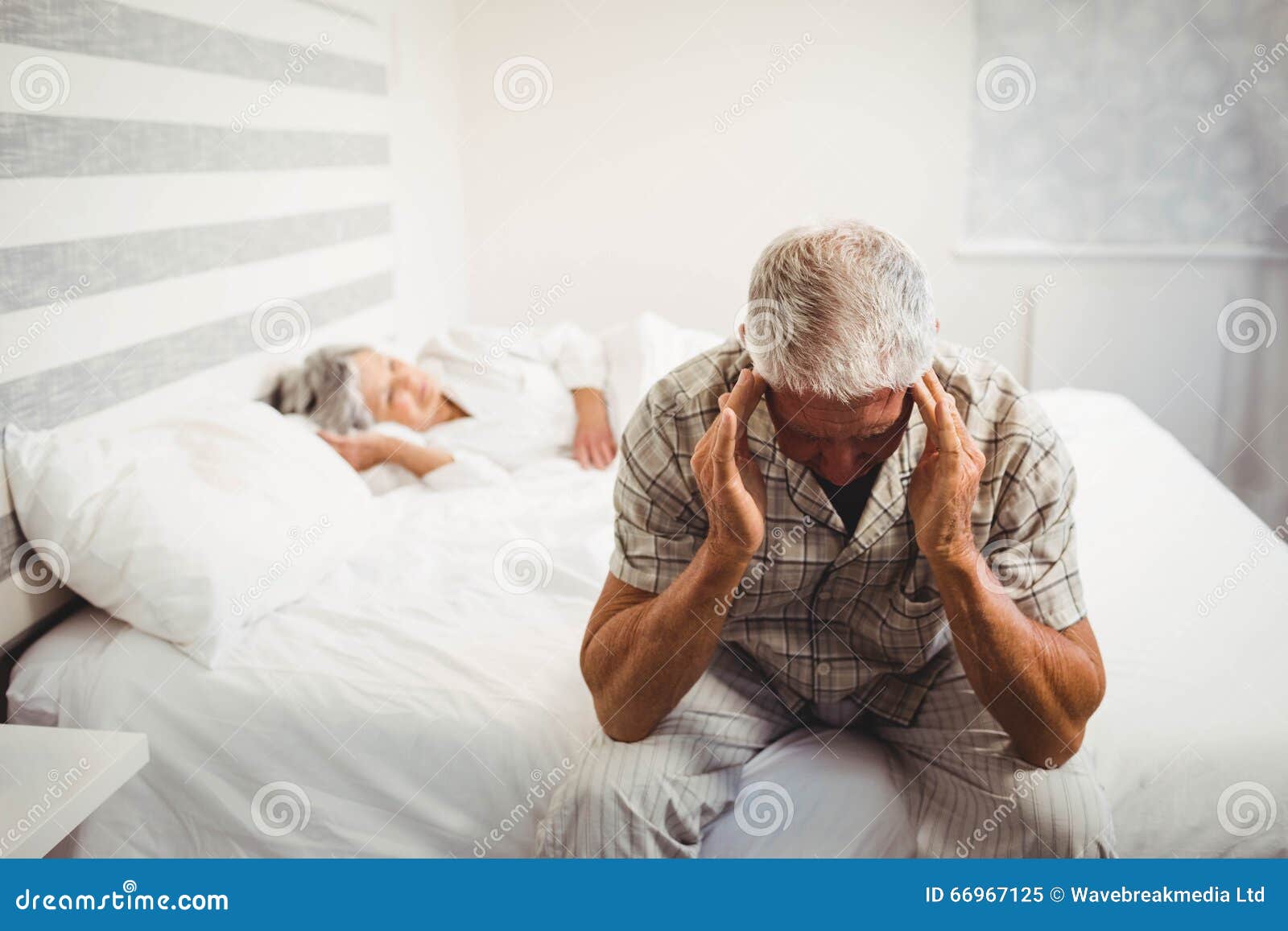 Frustrated Senior Man Sitting on Bed Stock Image - Image of elderly ...