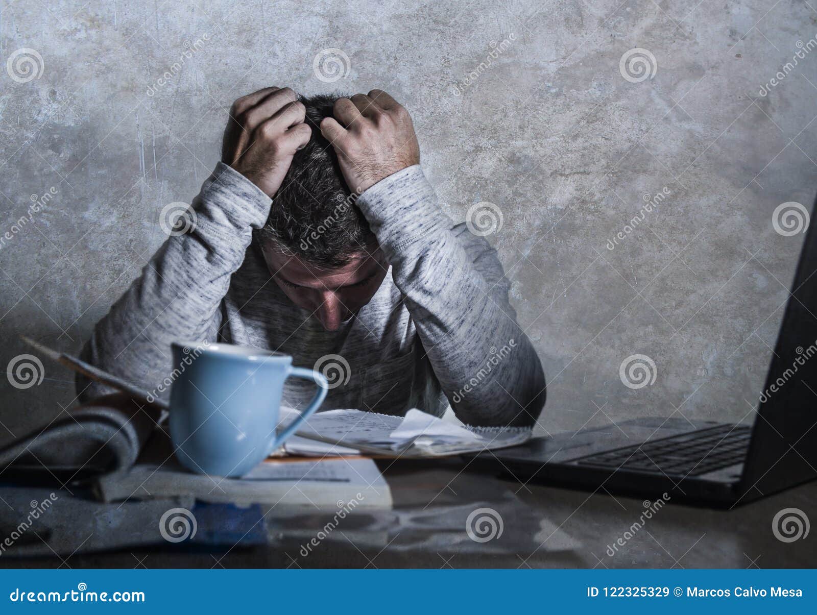 Frustrated and Stressed Young College Student Man Working with Textbook ...