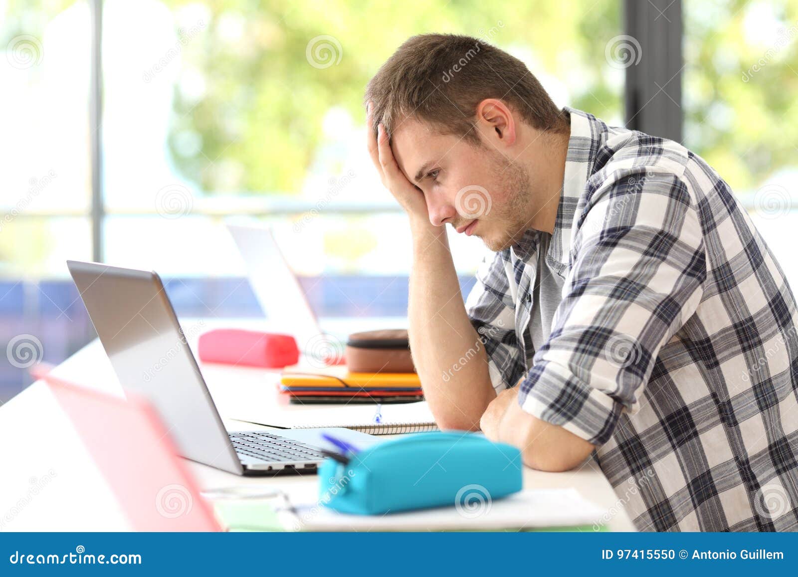 Frustrated Student on Line in Classroom Stock Photo - Image of fatigue ...