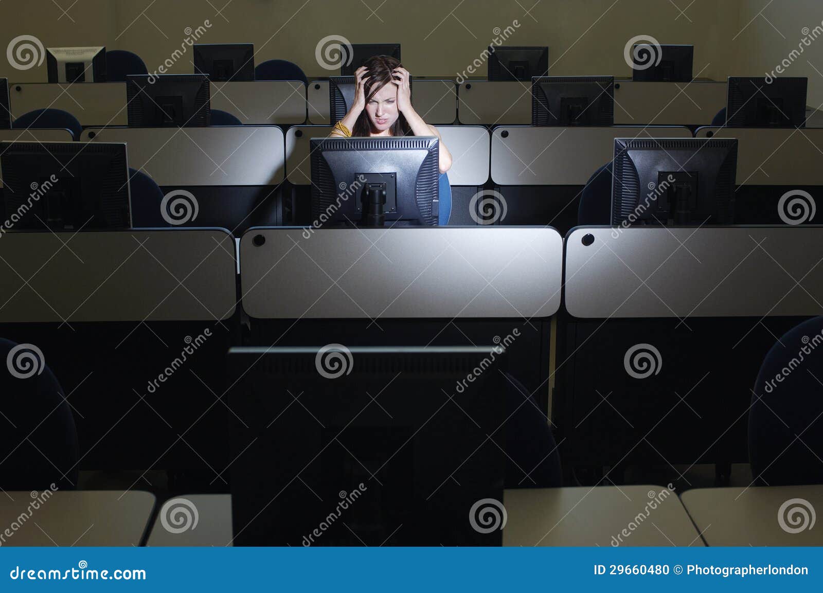 Frustrated Student Using Computer in Lab Stock Photo - Image of ...