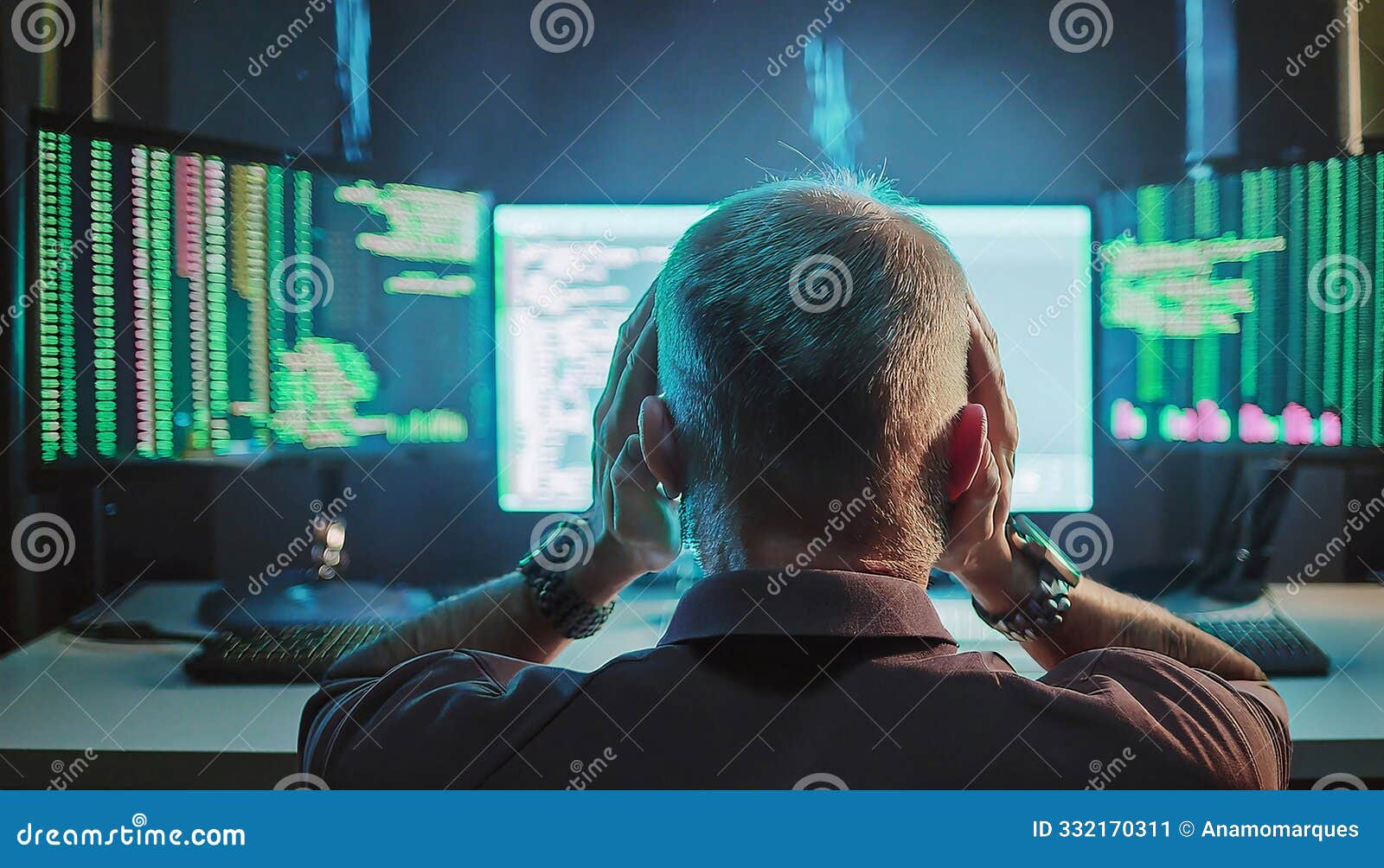 Frustrated Tech Professional Holding Head in Front of Multiple Monitors ...