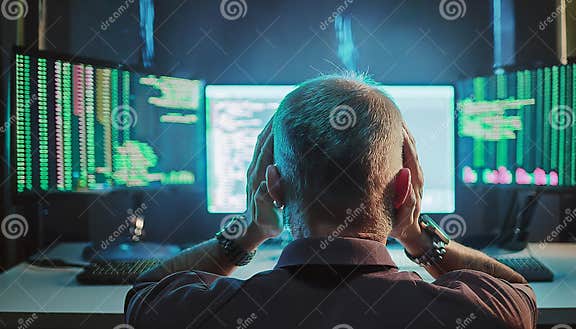 Frustrated Tech Professional Holding Head in Front of Multiple Monitors ...