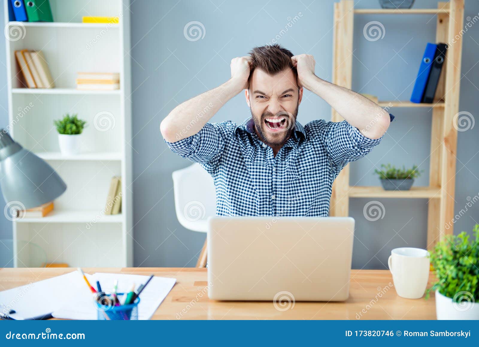 Frustrated Tired Man with Laptop Having a Lot of Work and Screaming ...
