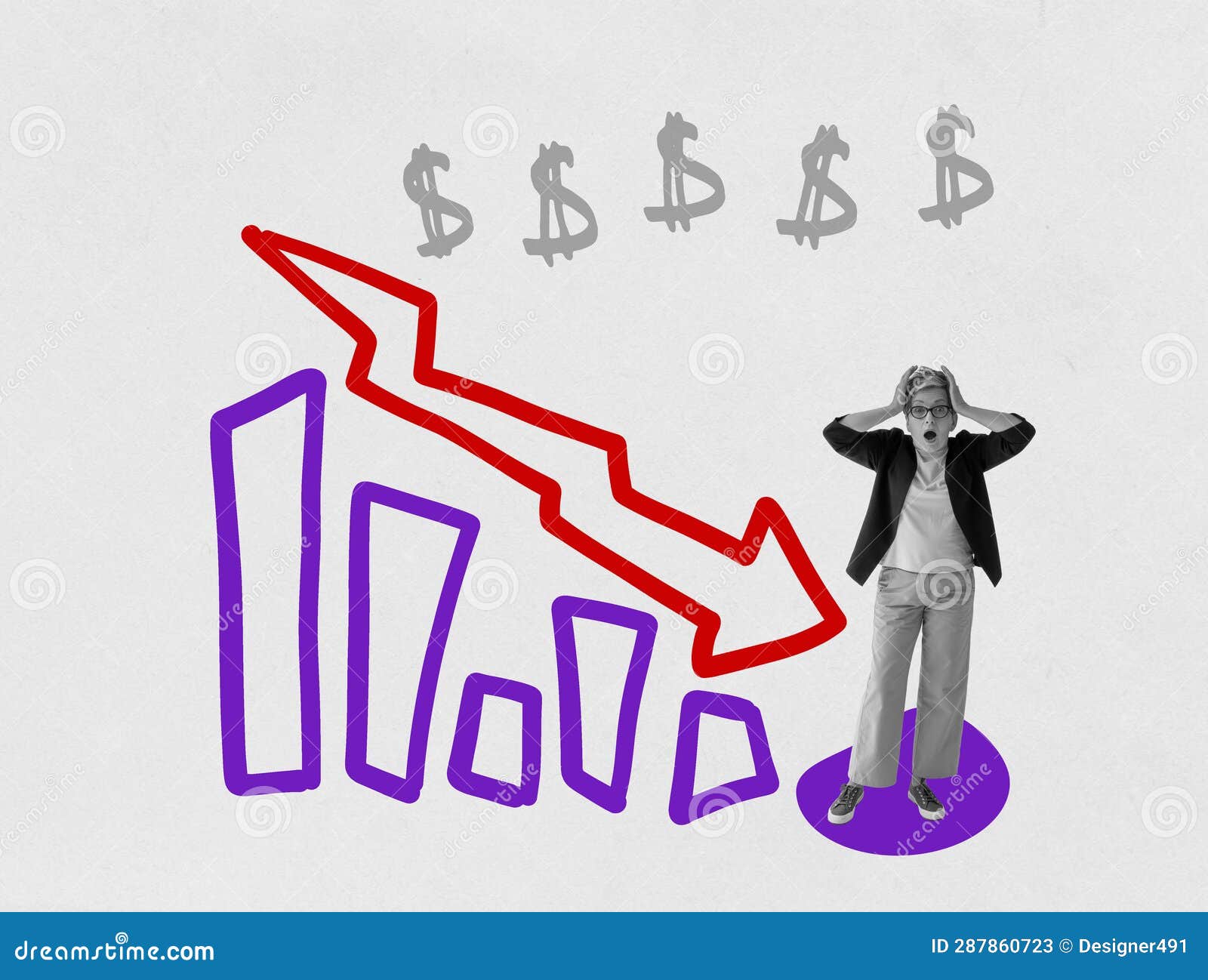 Frustrated Woman and a Declining Savings Chart. Collage about ...