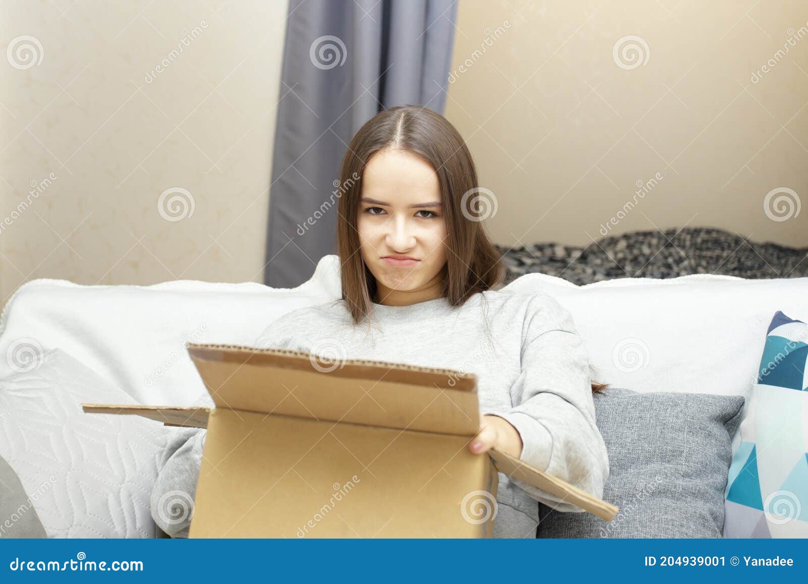 The Frustrated Woman Opens the Package Box Stock Image - Image of open ...