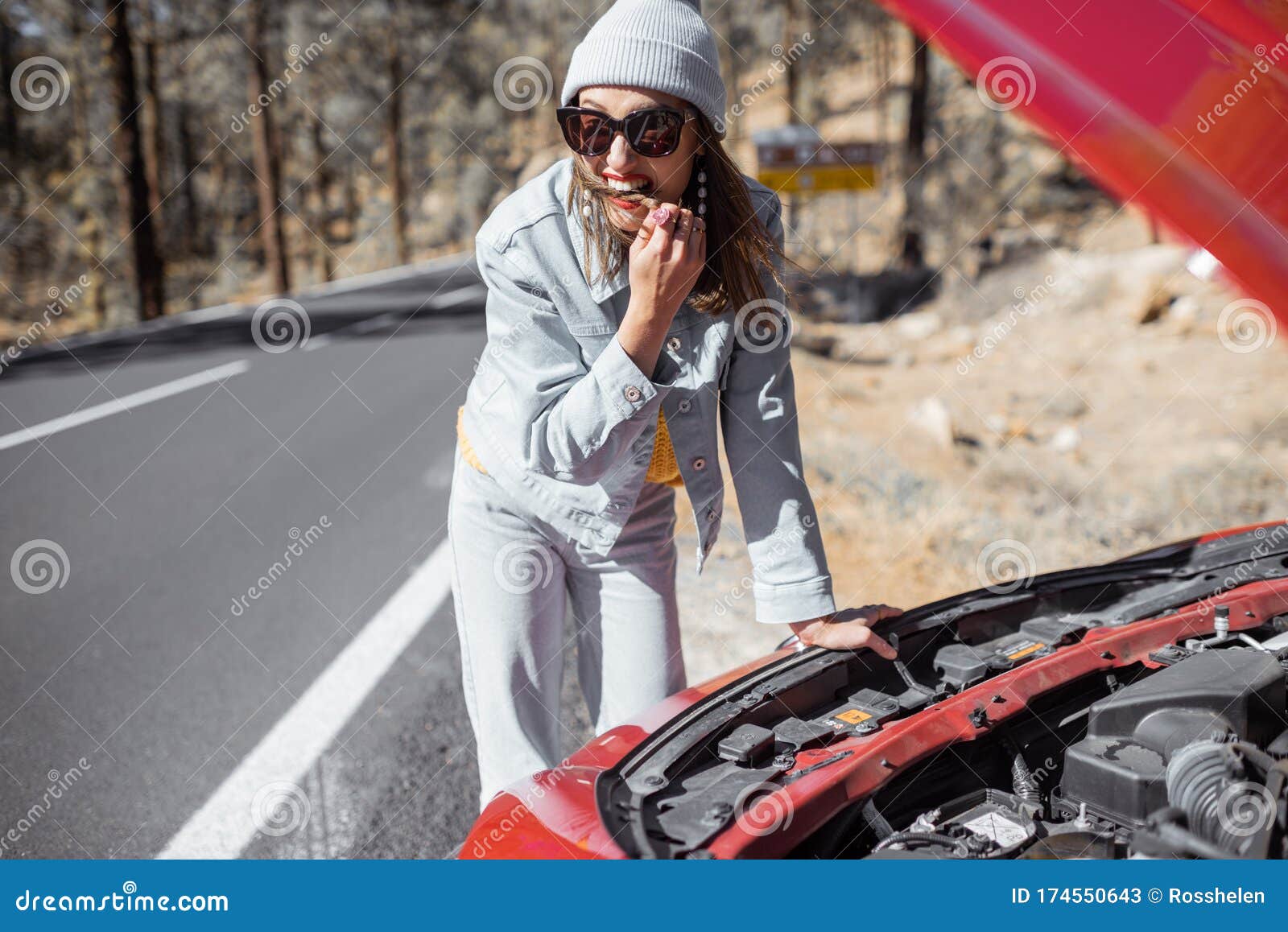 Woman Having Problems with a Car while Traveling Stock Image - Image of ...