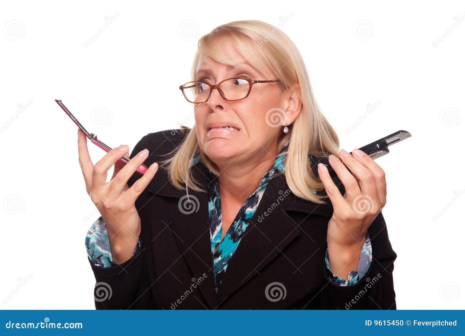 Frustrated Woman with Two Cell Phones Stock Photo - Image of frustrated ...