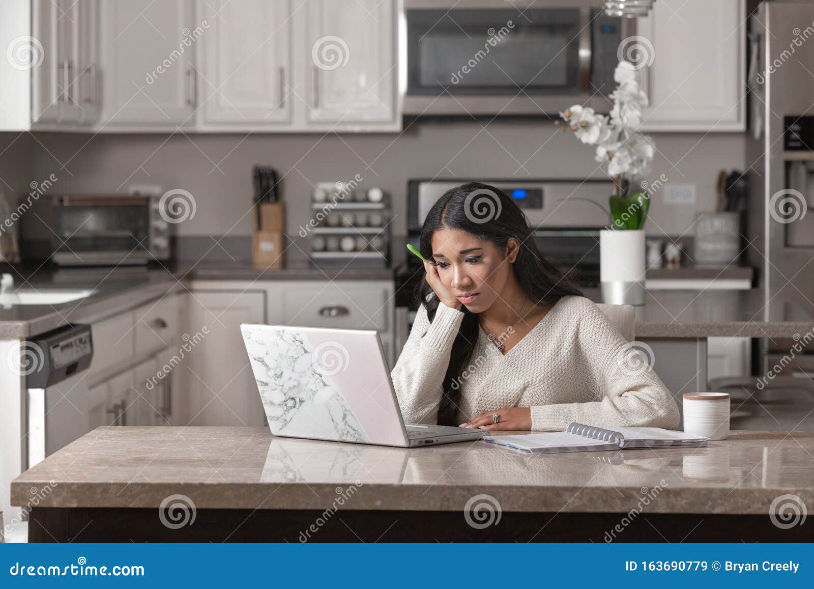A Frustrated Woman Works from Home on Her Computer and Holds Her Head ...