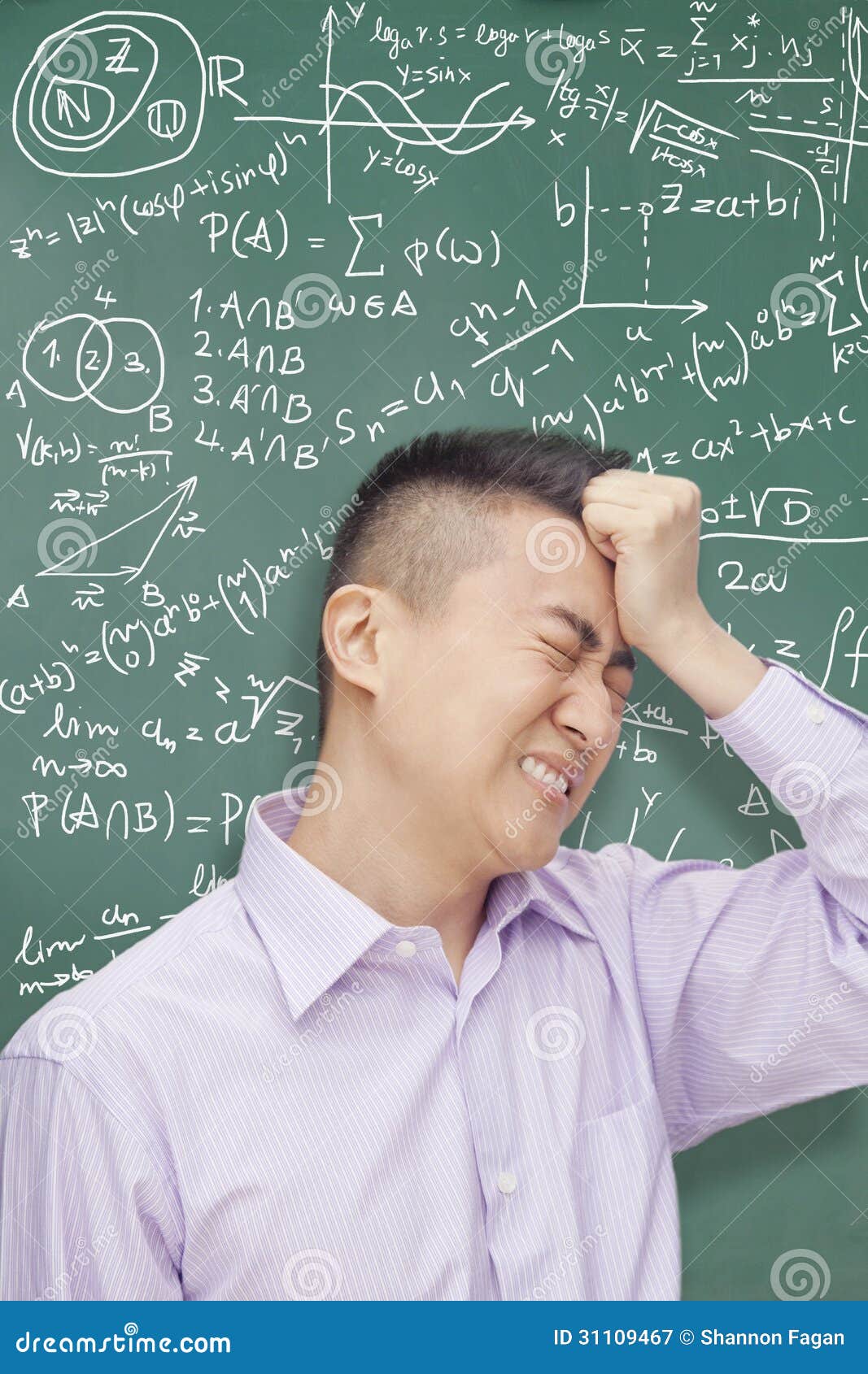 Frustrated Young Student in Front of Blackboard with Math Equations ...