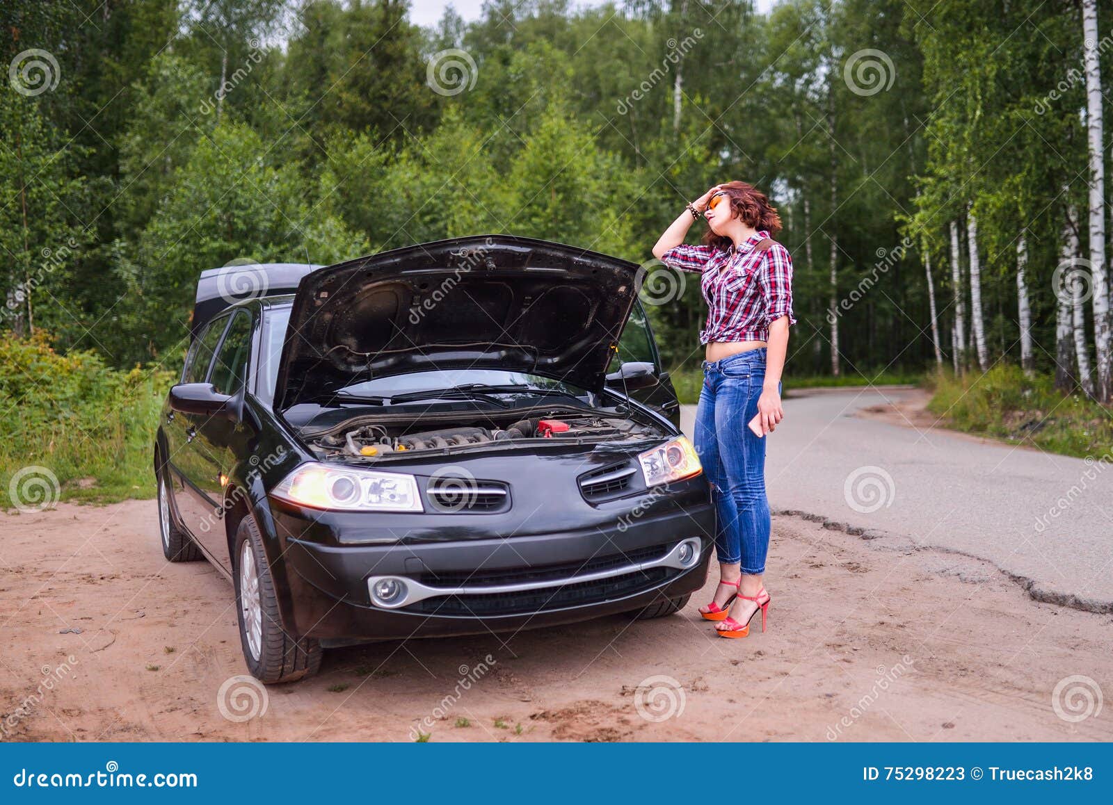 Frustrated Young Woman Looking at Broken Down Car Engine Stock Image ...
