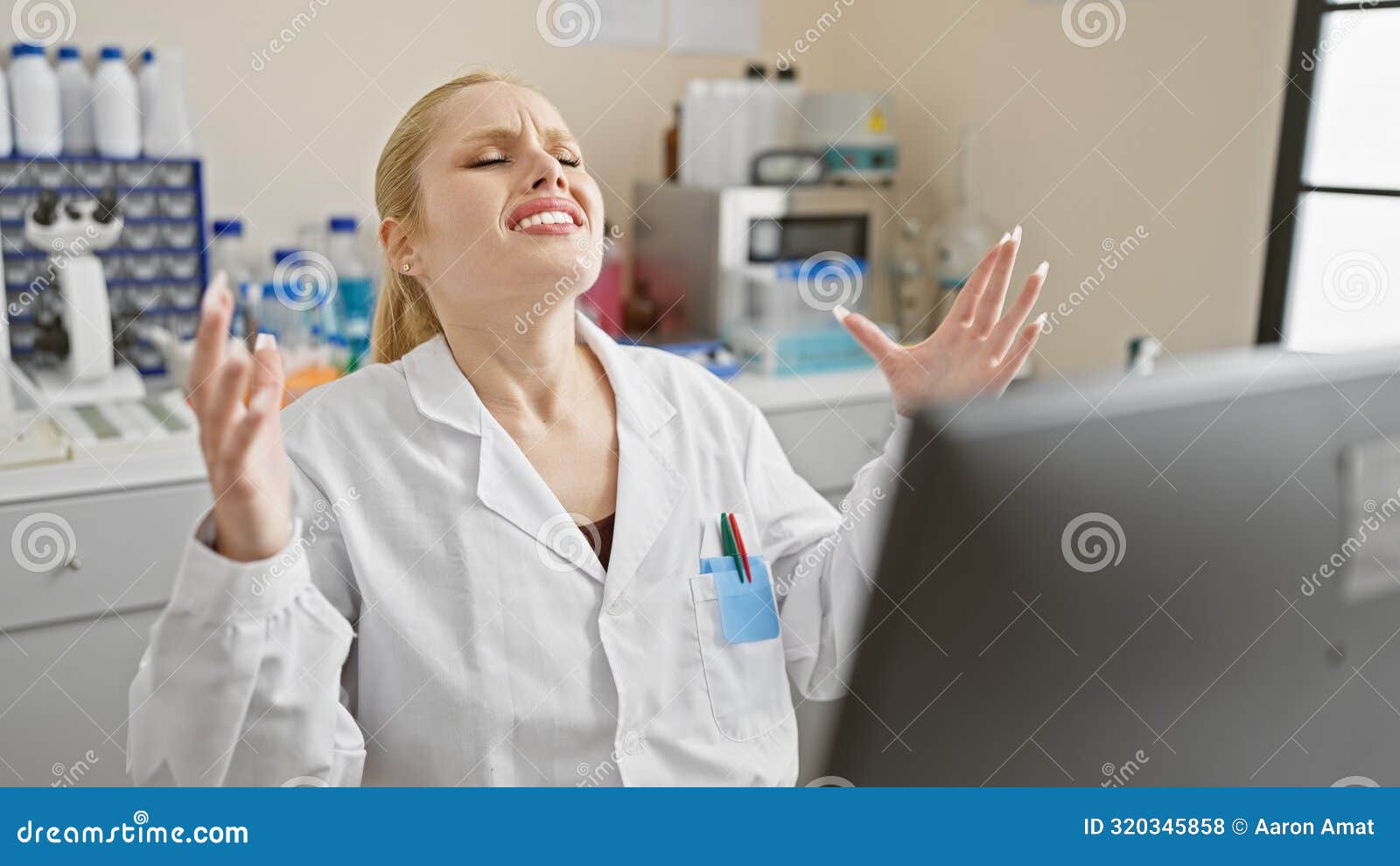 Frustrated Young Woman Scientist in Lab Coat Experiencing Failure in ...