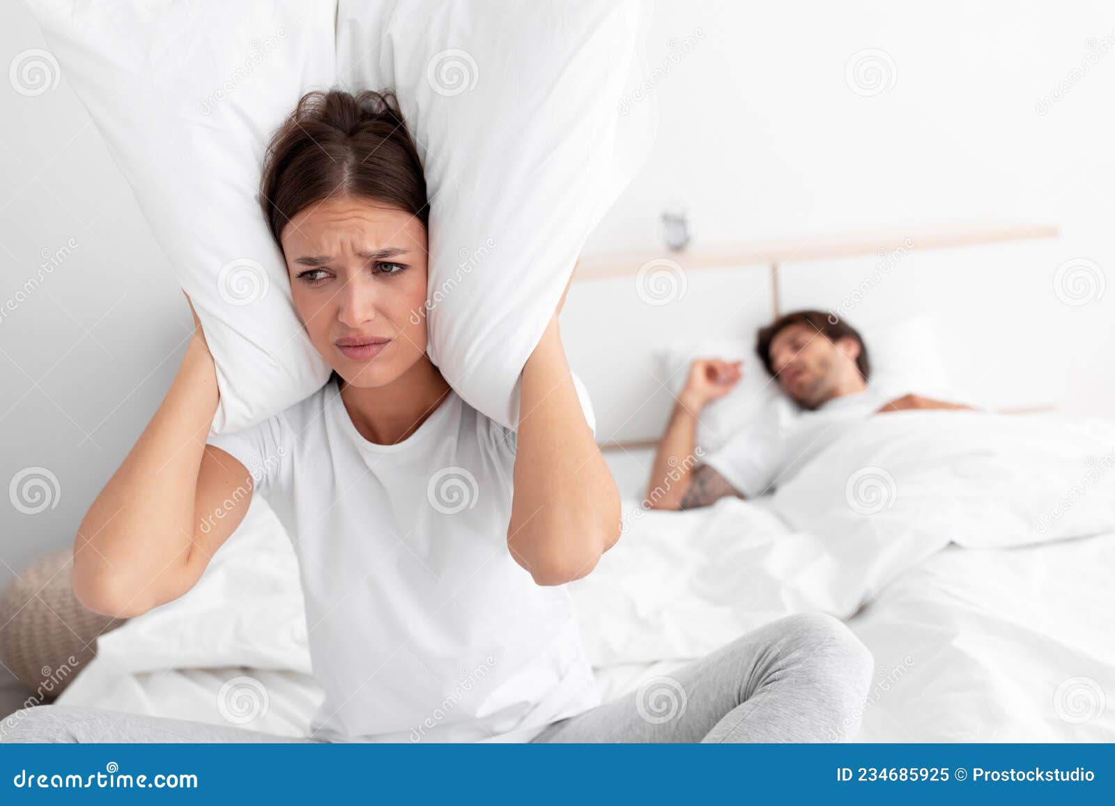 Frustration Offended Caucasian Millennial Wife Sits In Bed Covering