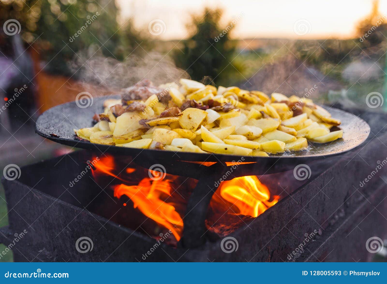 Fry Potatoes on Open Fire in the Open Air Stock Image - Image of ...