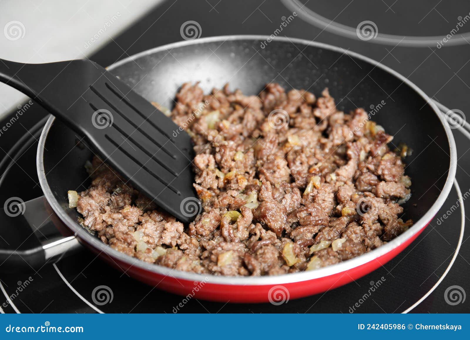 Frying Minced Meat in Pan on Induction Stove, Closeup Stock Photo ...