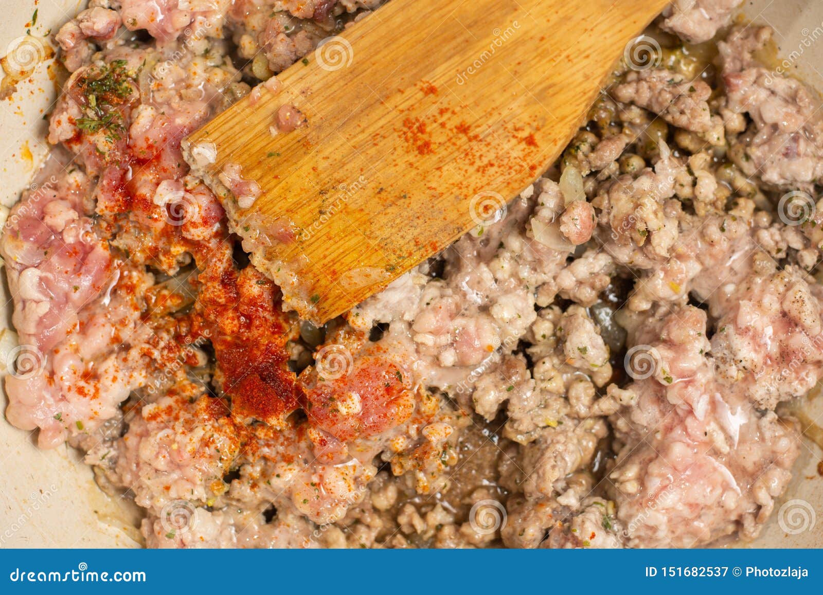 Frying Minced Meat in the Frying Pan with Wooden Spatula Stock Image ...