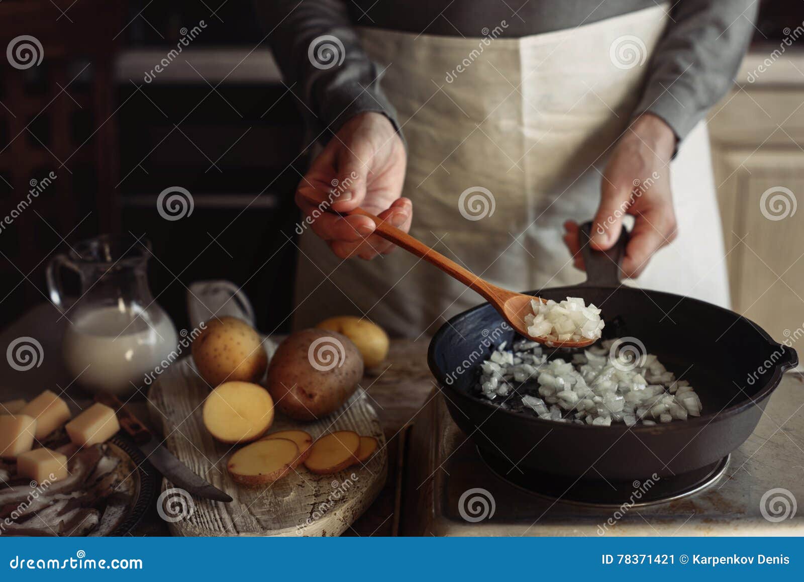 Frying Onions in the Pan Horizontal Stock Image - Image of cooker ...