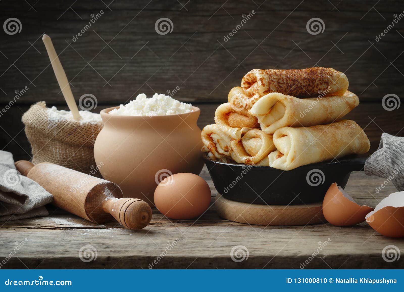 Frying Pan of Baked Pancakes, Ingredients for Pancakes Making. Stock ...