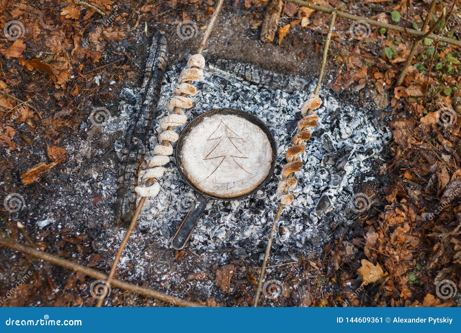 Frying Pan with Bread on the Coals of the Fire in the Spring Forest ...