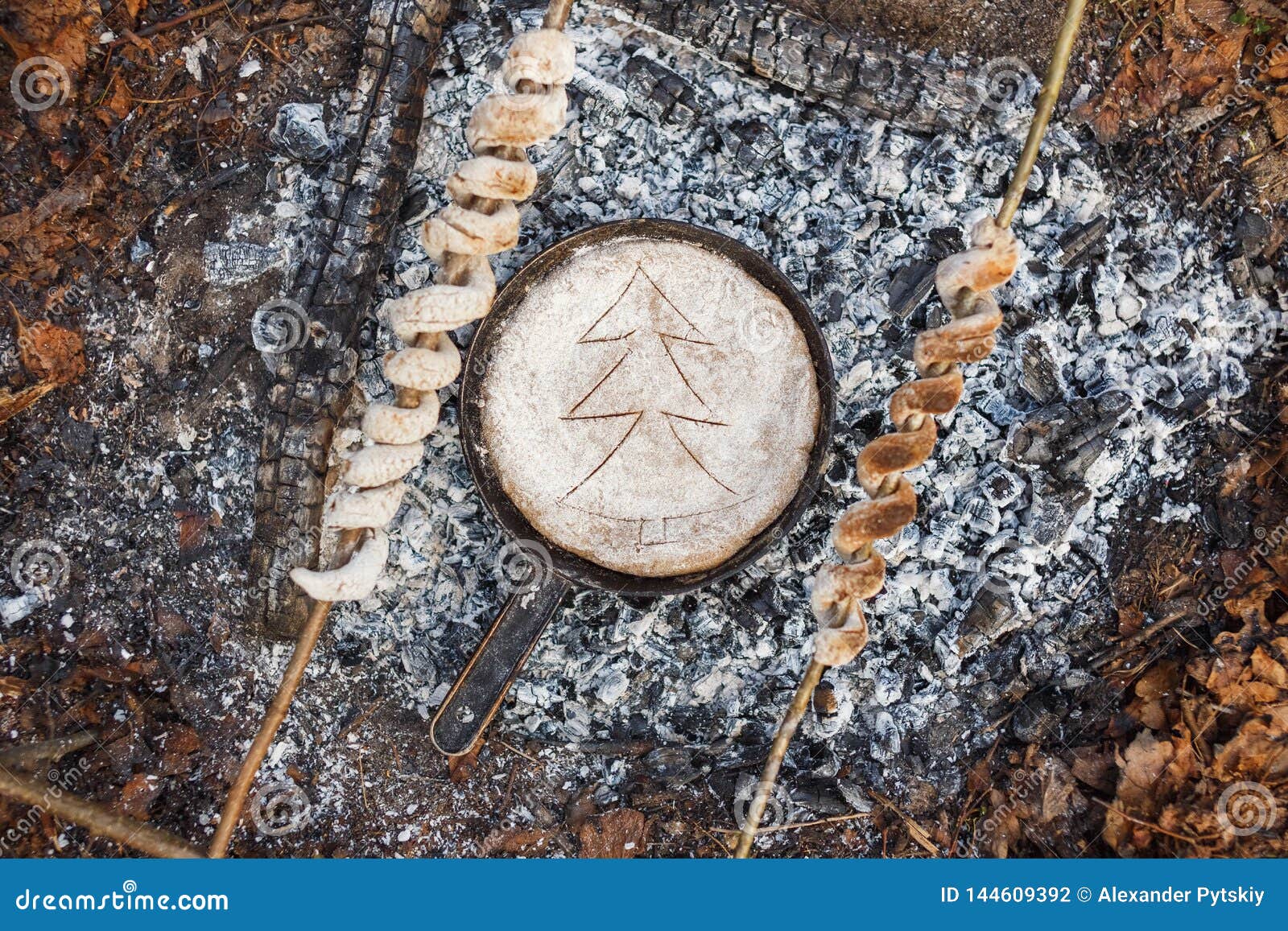 Frying Pan with Bread on the Coals of the Fire in the Spring Forest ...